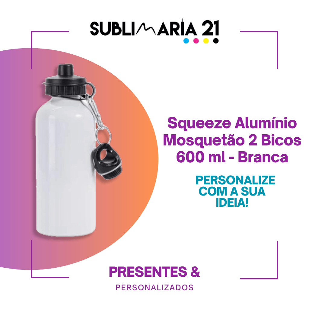 Squeeze 600ml em Alumínio Mosquetão 2 Bicos Personalizada