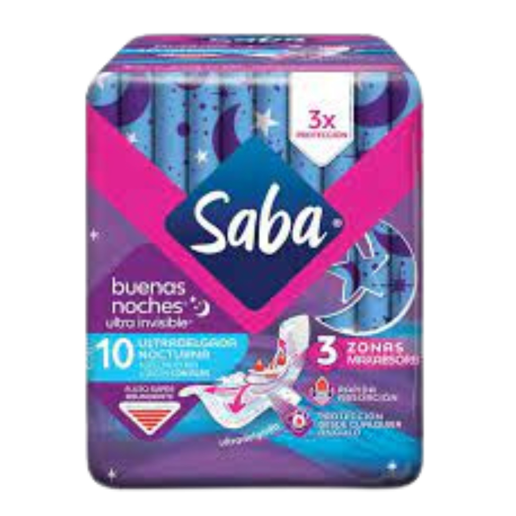 Toallas Saba ultra invisible con alas nocturna ultradelgada 10 piezas