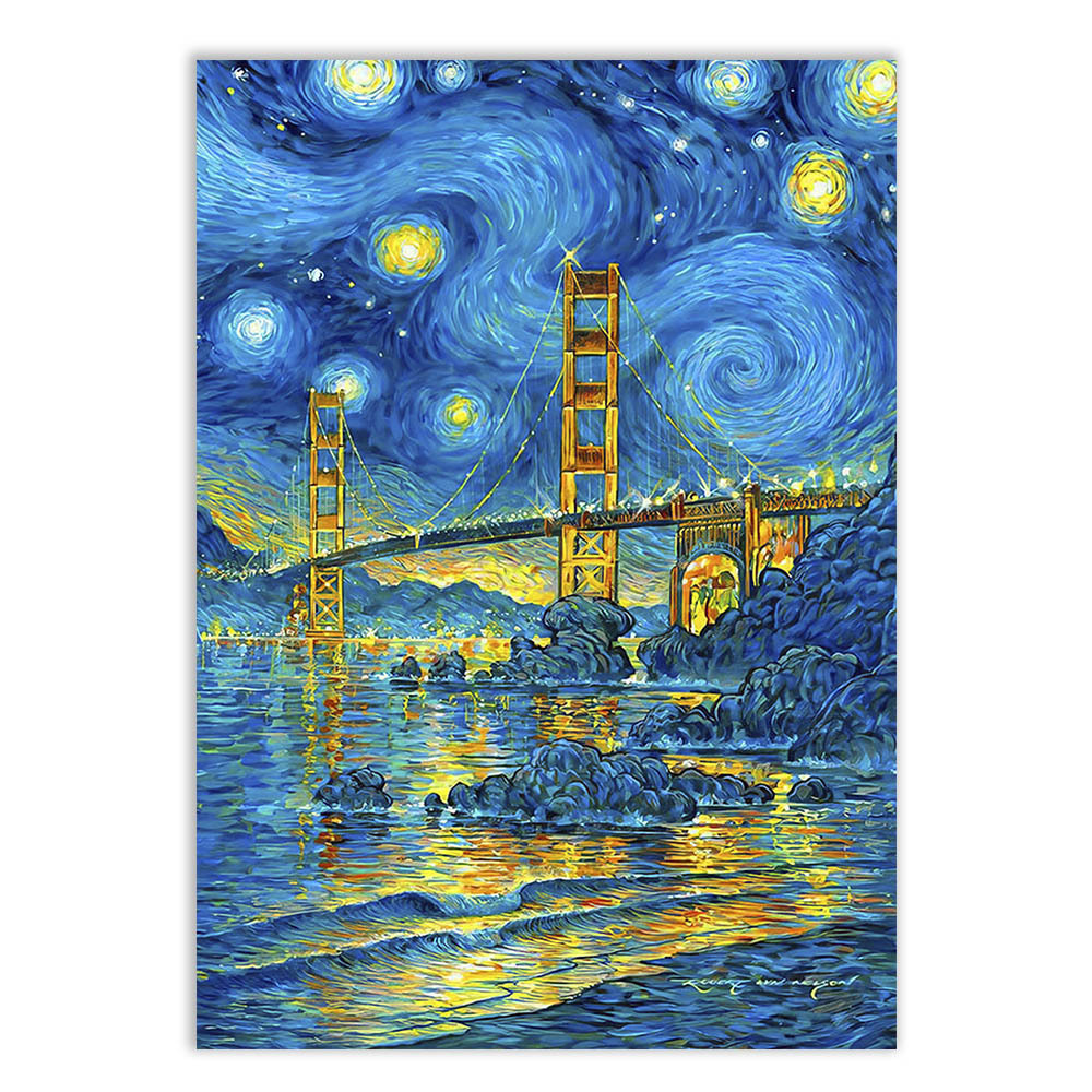 Placa Decorativa A4 Ponte Golden Gate Noite Estrelada Van Gogh