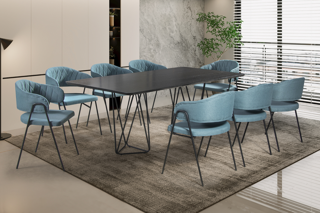 Conjunto Mesa Jantar Tampo Madeira e Pés Metal com 8 Cadeiras com Bra