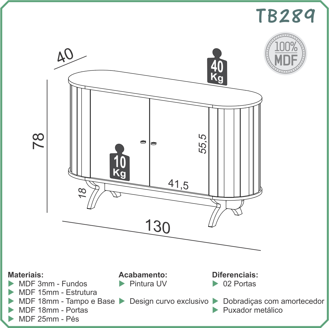 Buffet Curvo 1,30m com 2 Portas - TB289