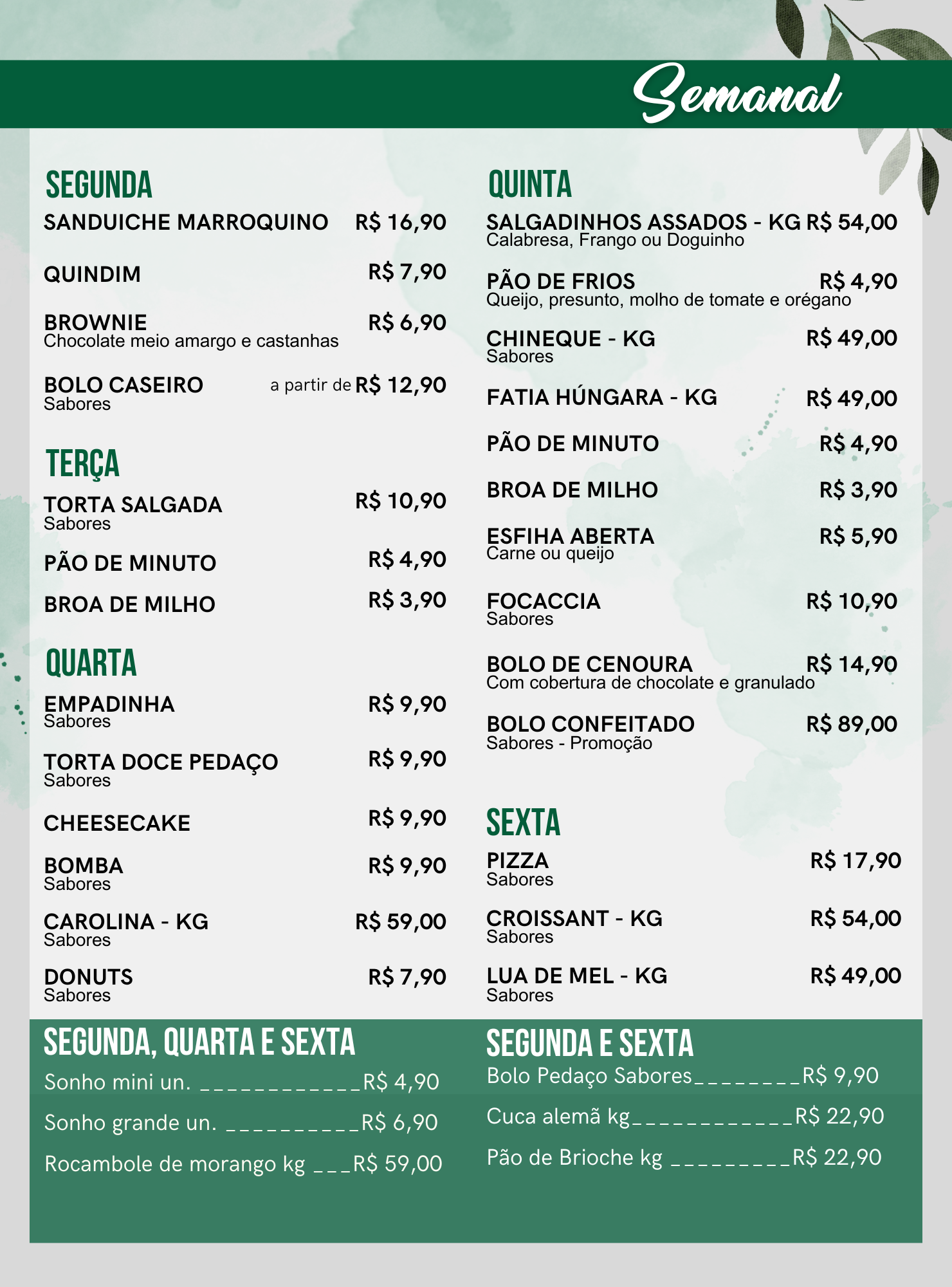 Cardápio Padaria - Panificadora Réus