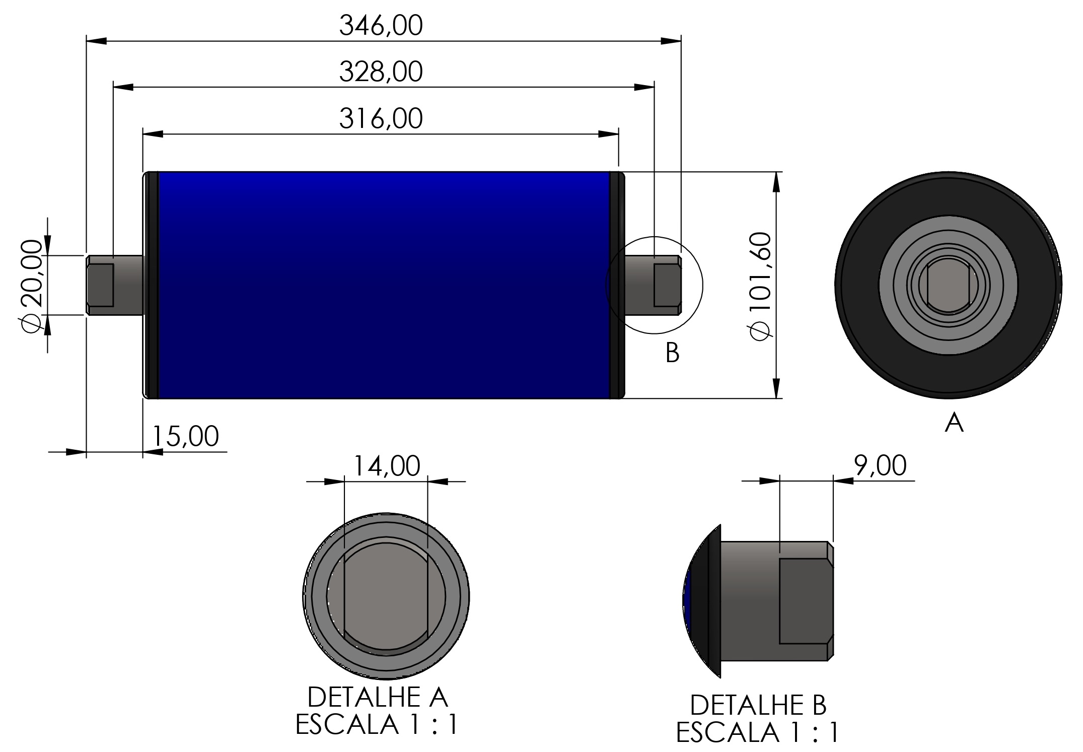 Rolete de Carga PVC Azul - 101,60mm x 316mm