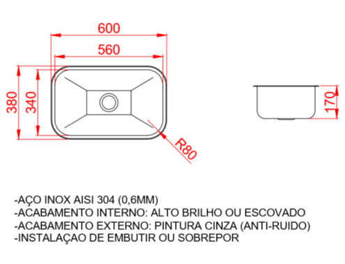 Cuba Retangular Aço Inox 304, para cozinha, acabamento escovado/polid