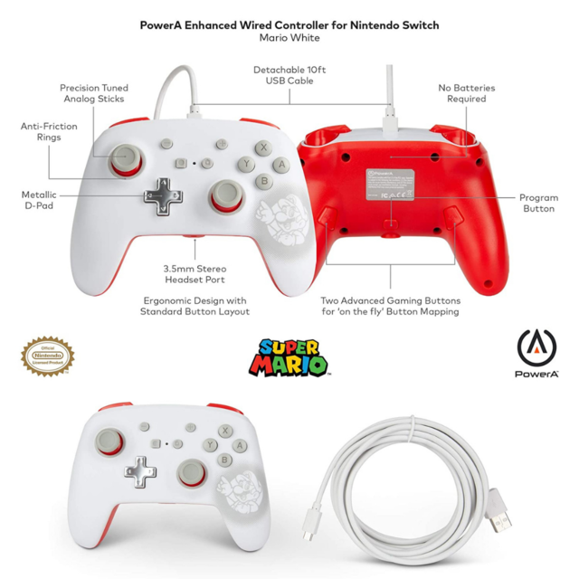 PowerA Enhanced Wired Controller for Nintendo Switch - Mario White, Gamepad