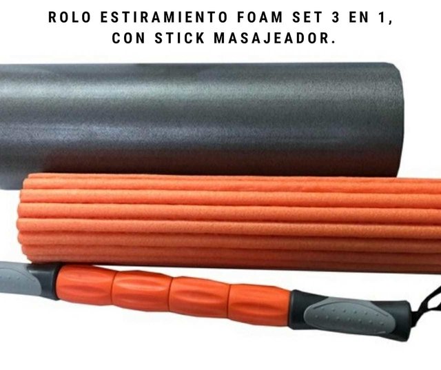 Rolo Estiramiento Foam SET 3 en 1 con stick masajeador (45cm x 15cm ...