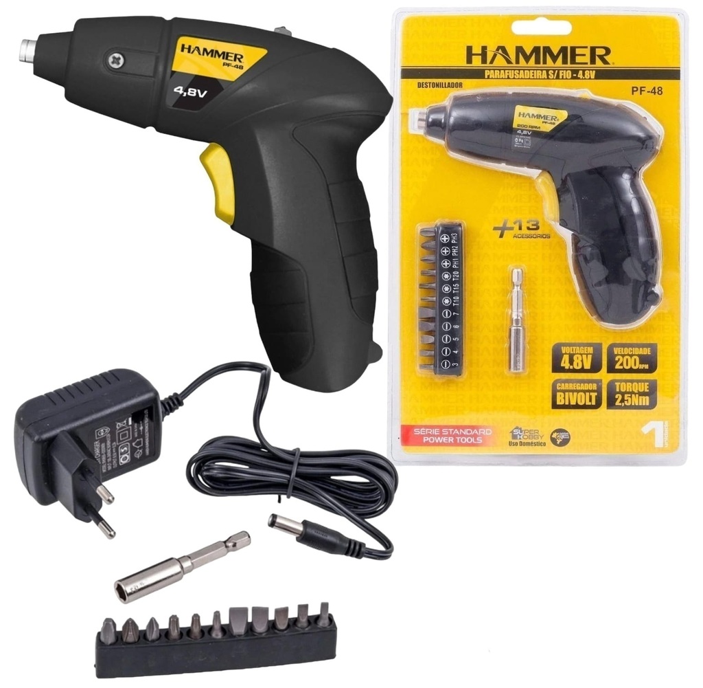 406501 - PARAFUSADEIRA S/FIO 4.8V 200RPM C/13 ACESSORIOS PF-48 HAMMER