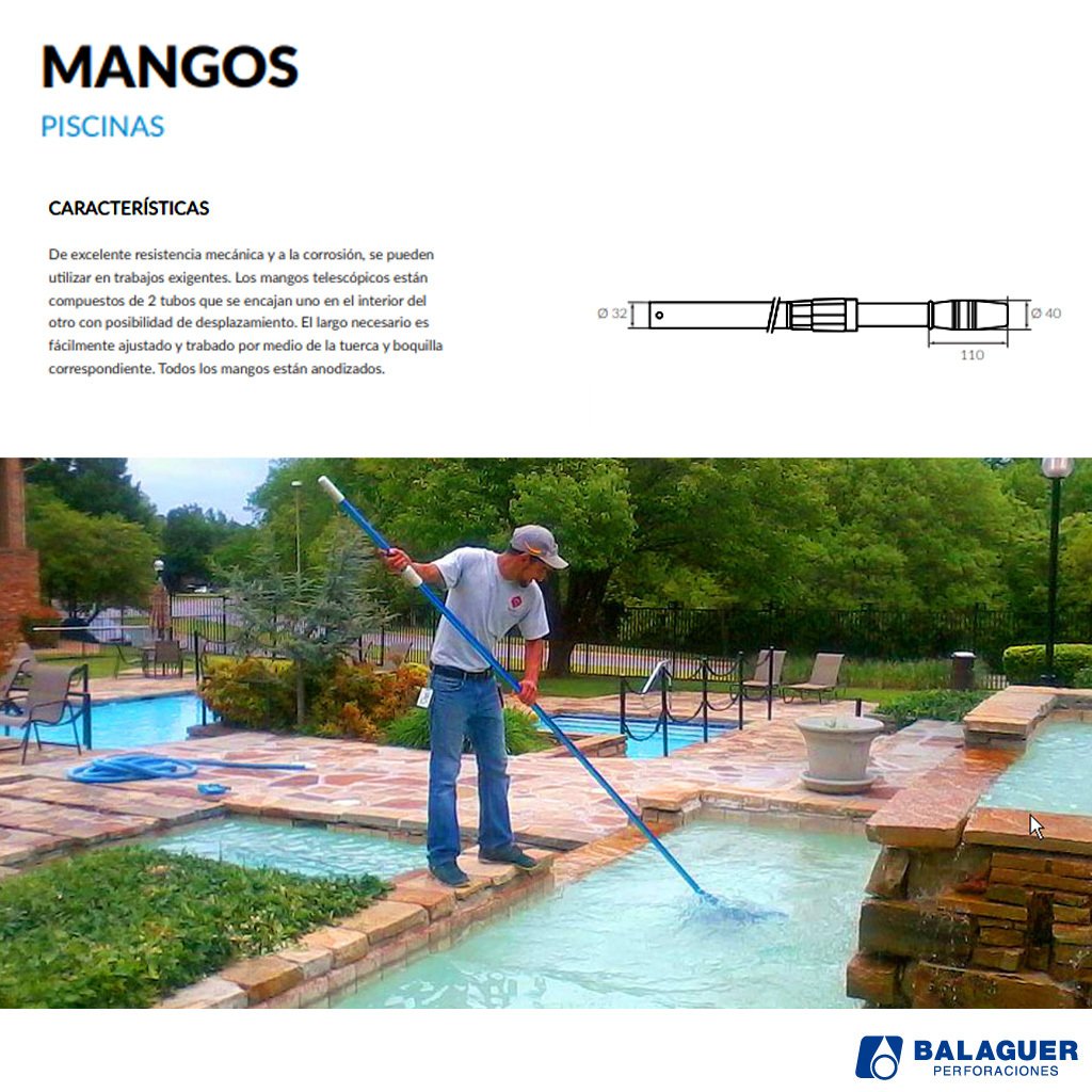 Mango telescópico de aluminio x 2.40mt para limpiafondo Vulcano