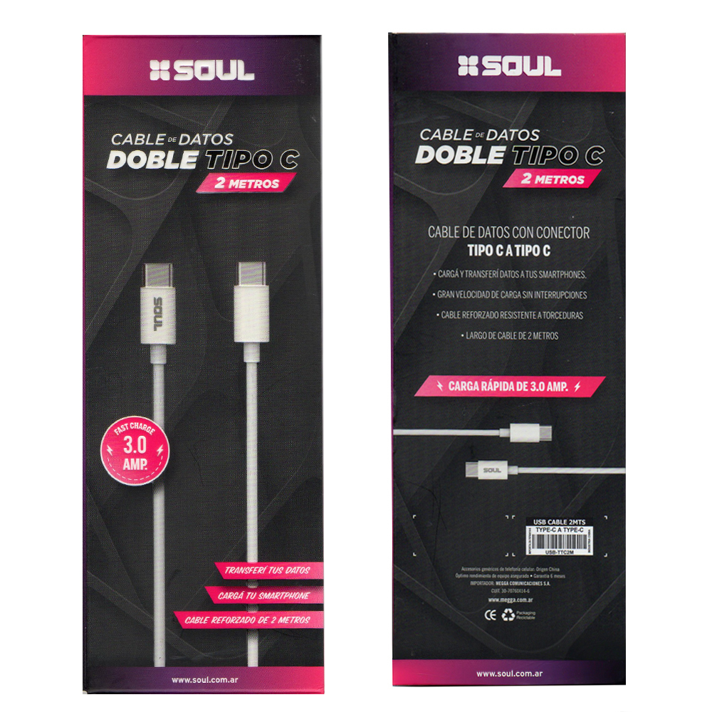 Cable USB Tipo C a Tipo C Carga Rápida Soul 3A