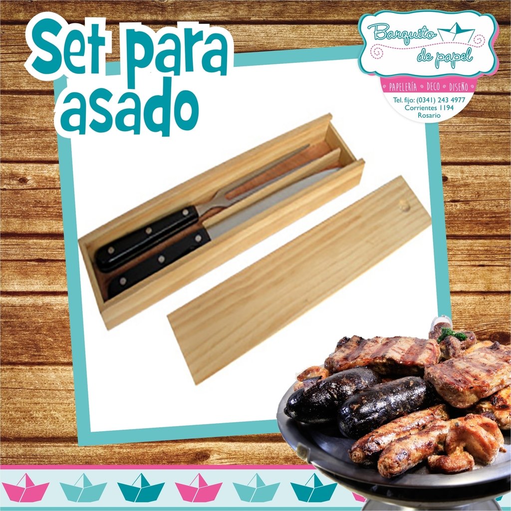 Set para asador en caja madera - Barquito de Papel