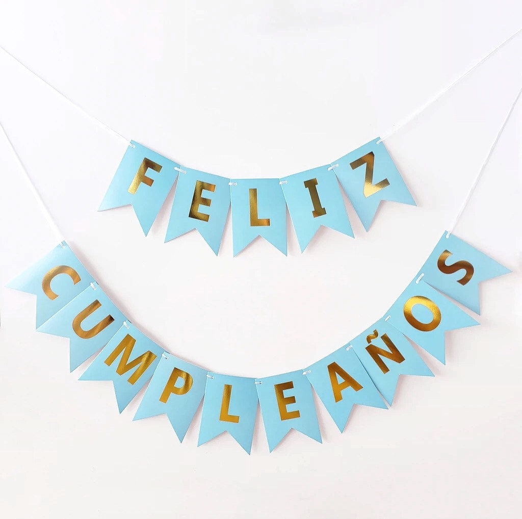 BANDERIN “FELIZ CUMPLEAÑOS” CELESTE Y DORADO